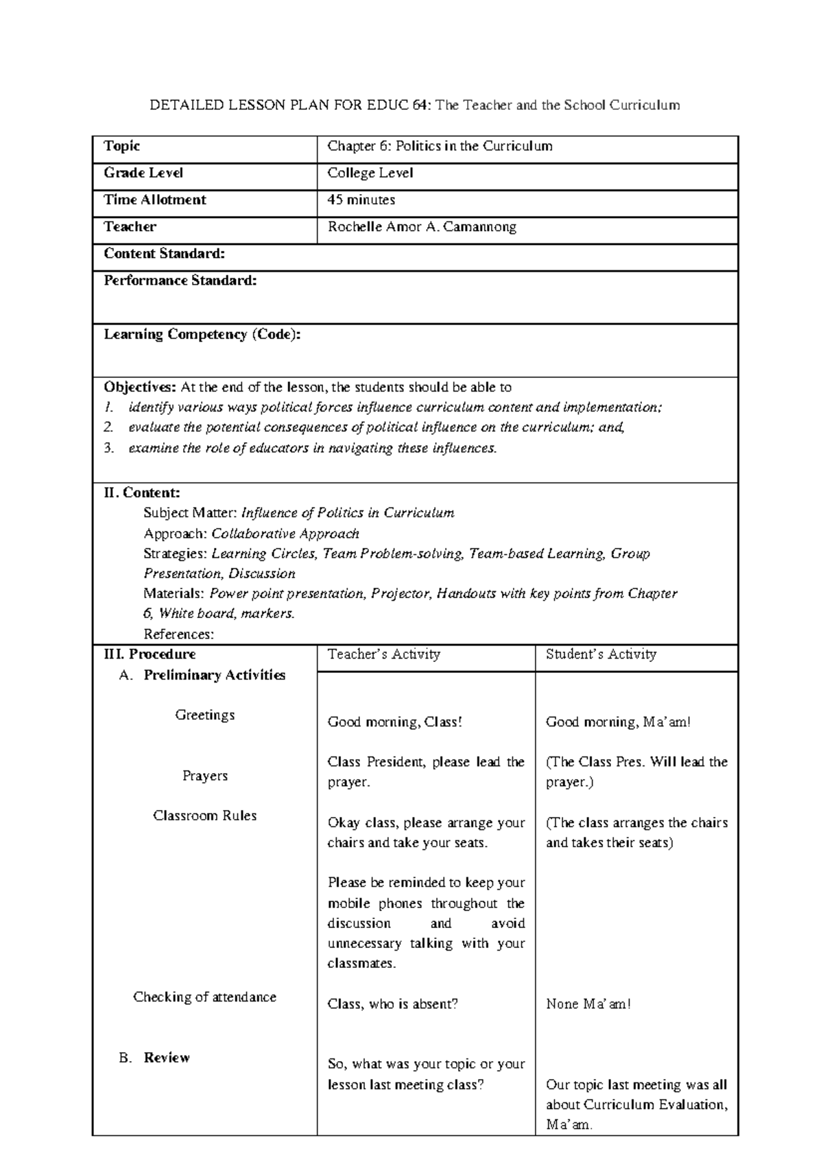 EDUC 64 - Politics in Curriculum: Detailed Lesson Plan Guide - Studocu