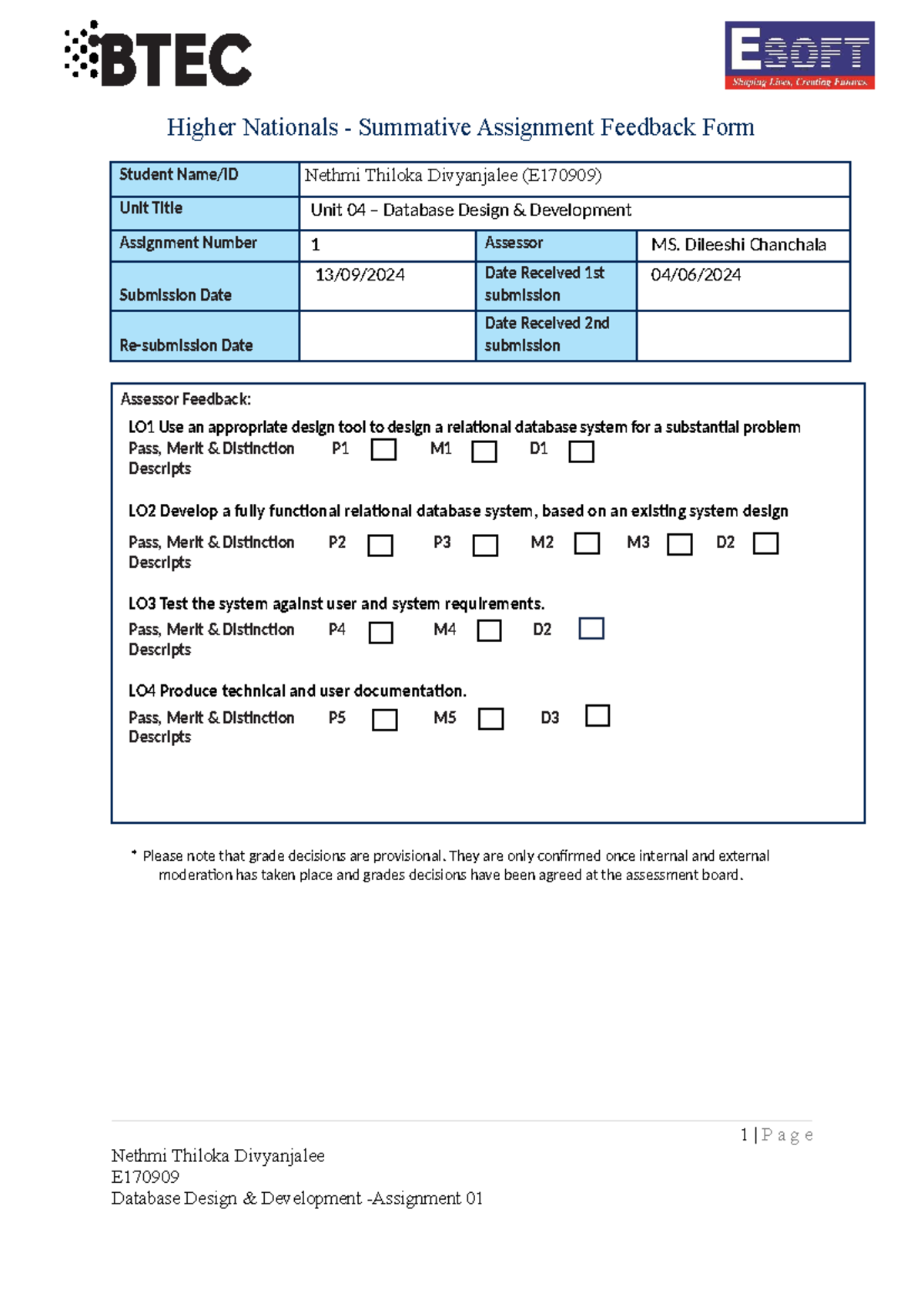 DDD Assignment - Higher Nationals - Summative Assignment Feedback Form Student Name/ID Nethmi ...