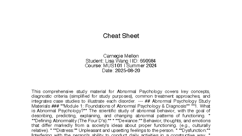 MUS101 Summer 2024: Abnormal Psychology Study Guide & Cheat Sheet - Studocu