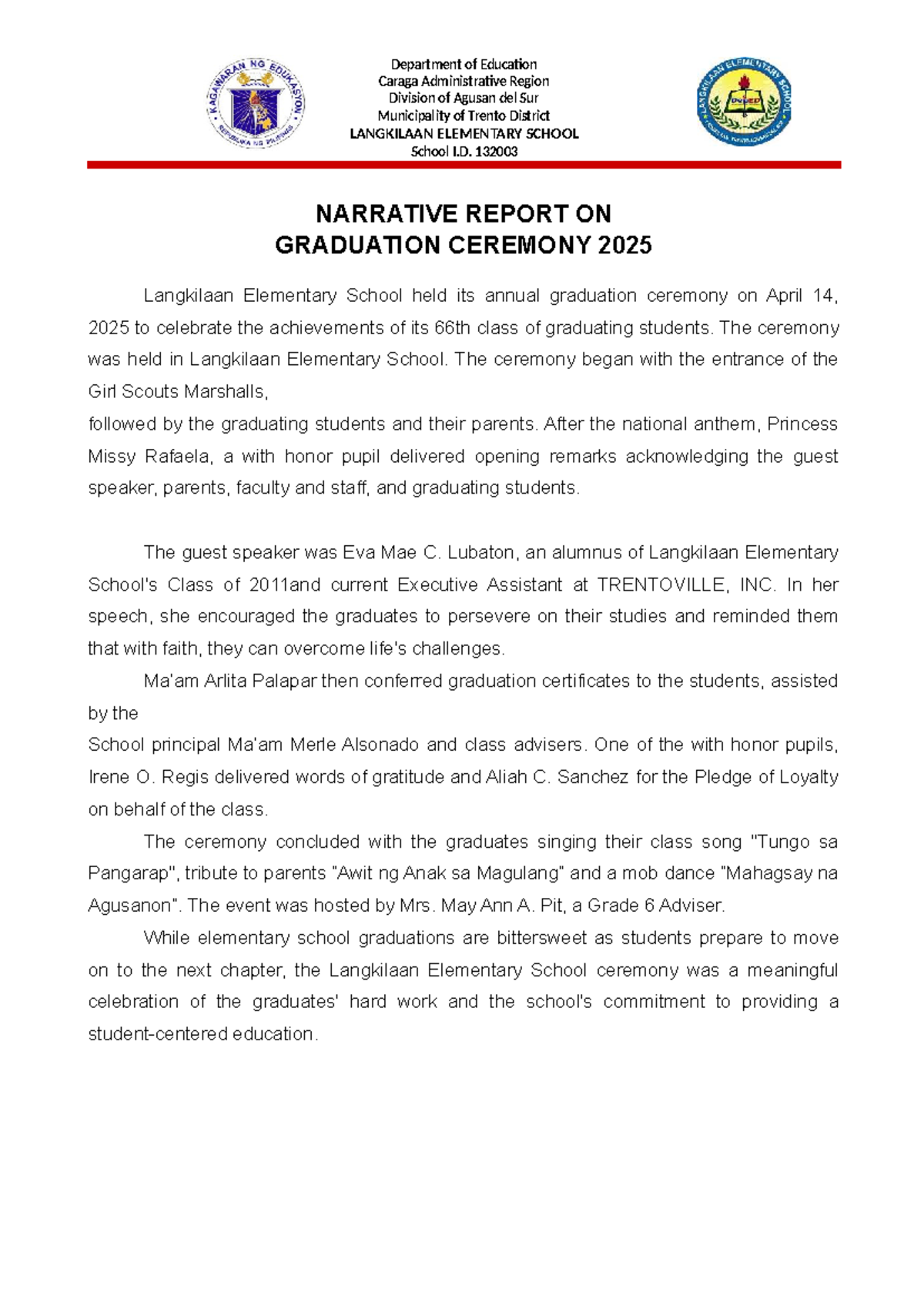 Narrative Report on Graduation Ceremony 2025 at Langkilaan Elementary ...