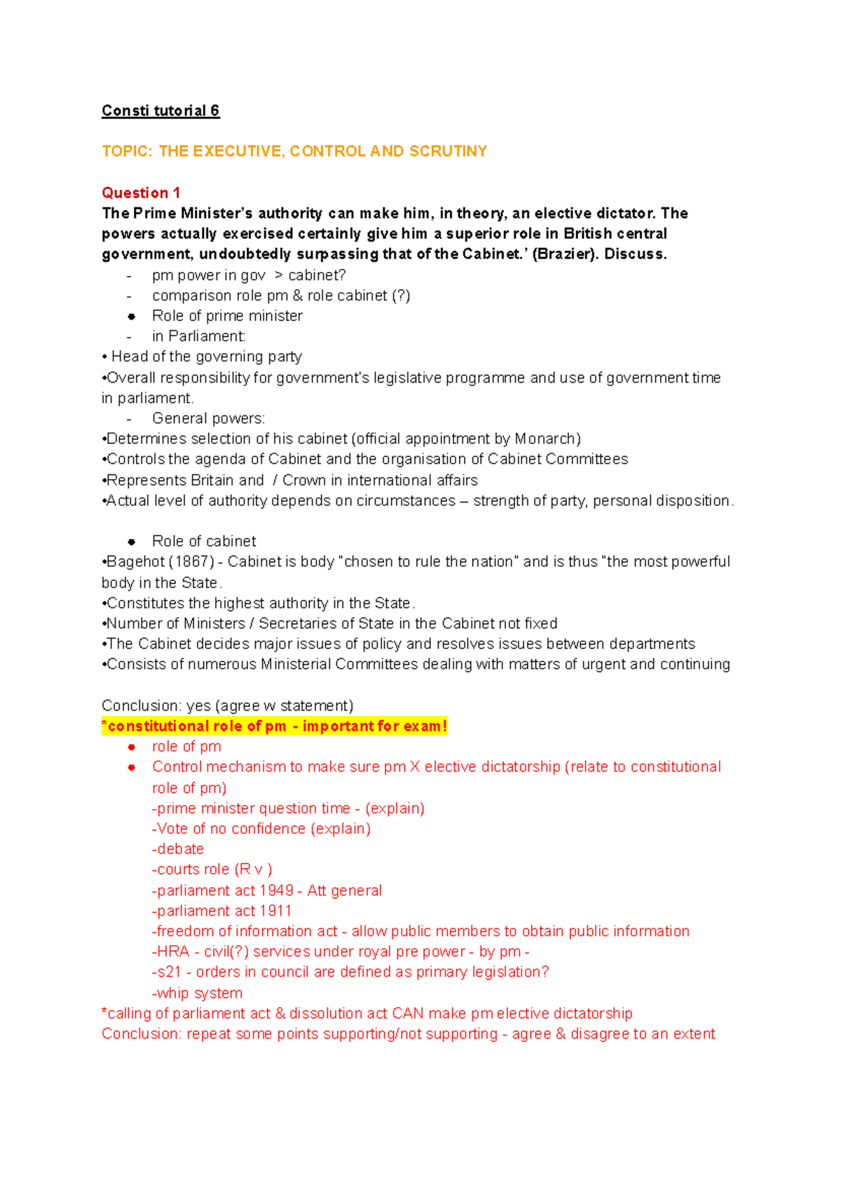 Constitutional Law Tutorial 6: The Executive, Control & Scrutiny - Studocu