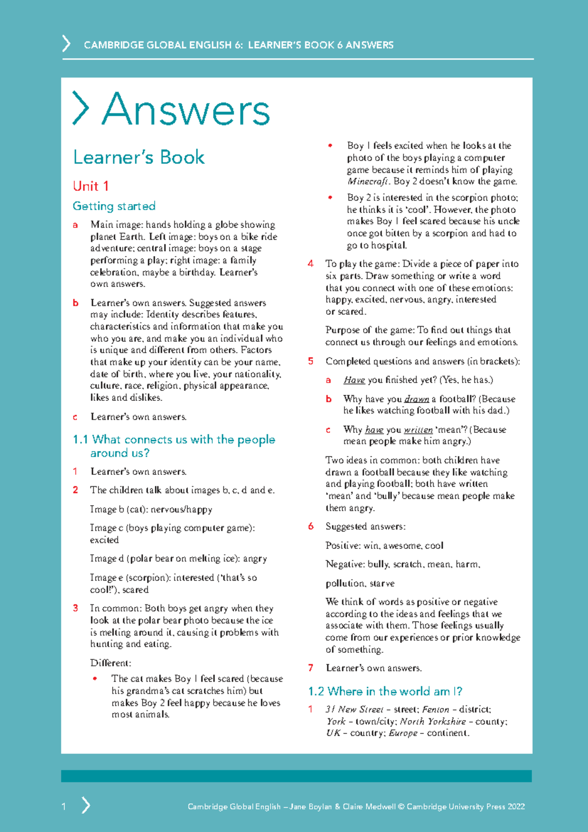 CAMBRIDGE GLOBAL ENGLISH 6: BOOK 6 ANSWERS - UNIT RESPONSES - Studocu