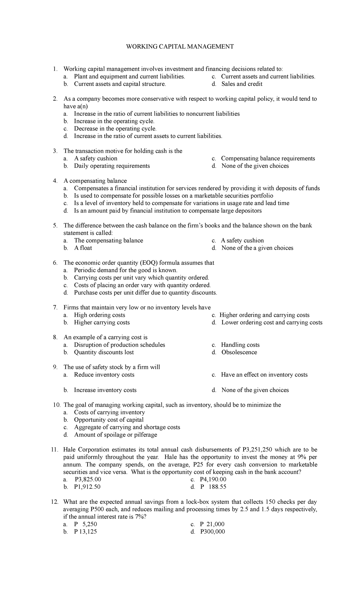 Business Finance FIN 4TH Quarter Exam: Working Capital Management ...