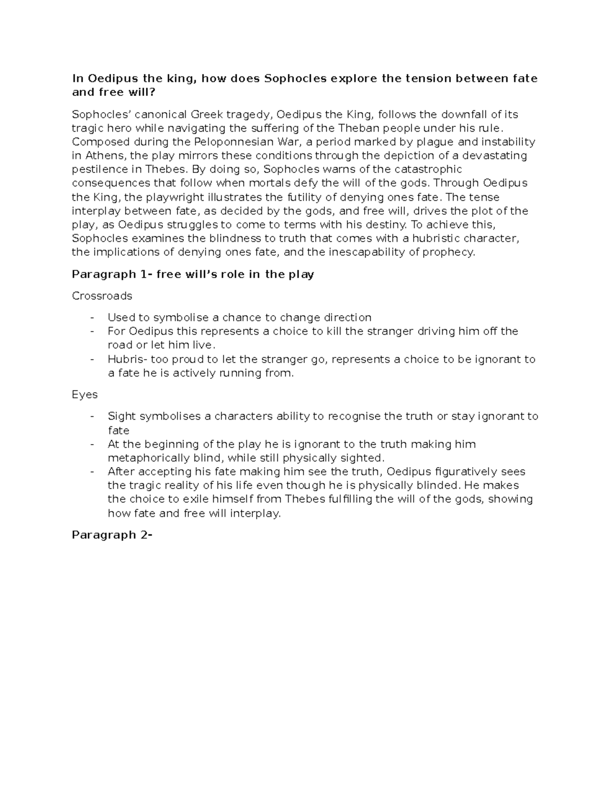 Fate and Free Will in Oedipus the King: A Tragic Exploration - Studocu