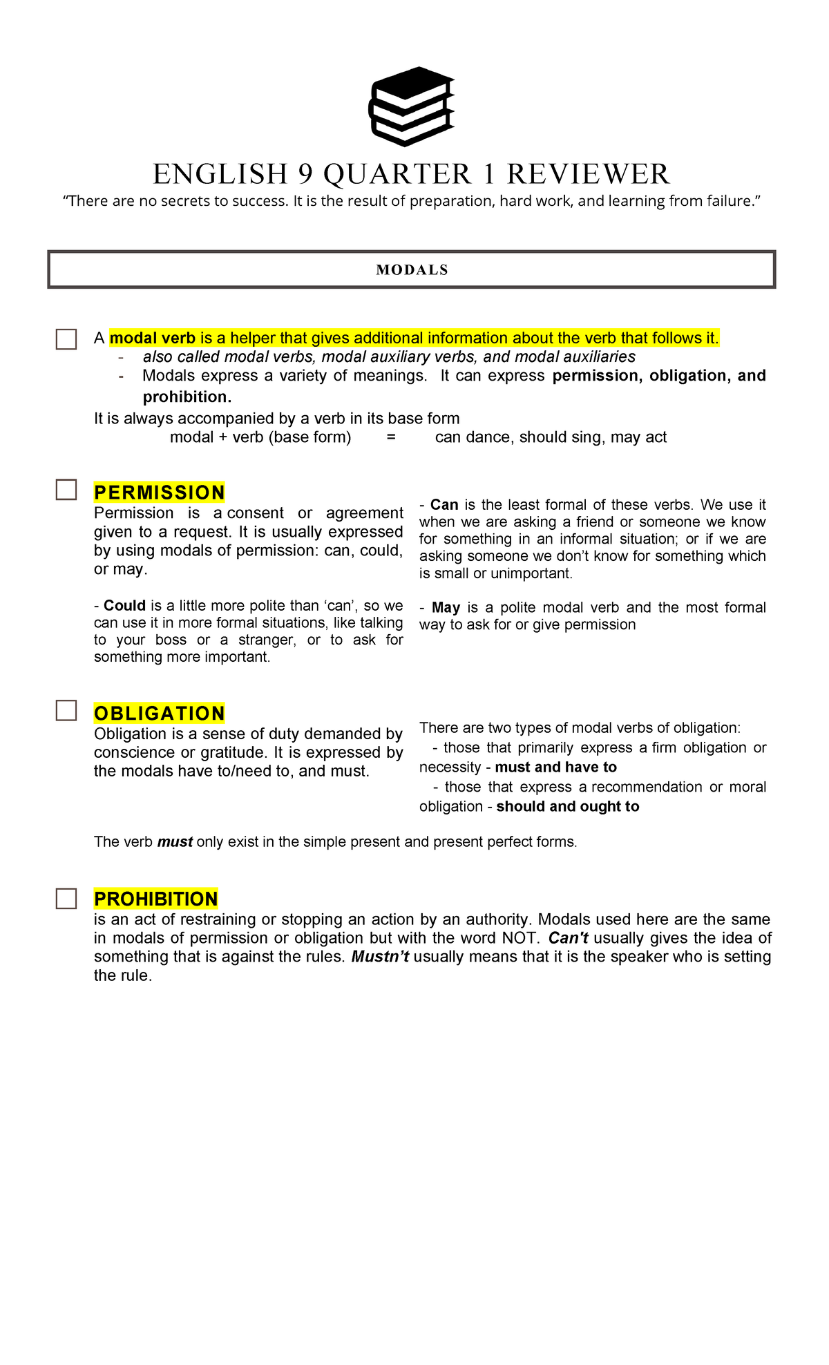 ENGLISH 9 Q1 REVIEWER: MODALS & CONDITIONALS STUDY GUIDE - Studocu