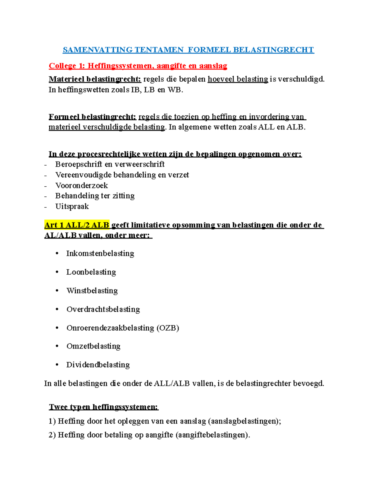 Samenvatting Tentamen Formeel Belastingrecht - College 1 ...