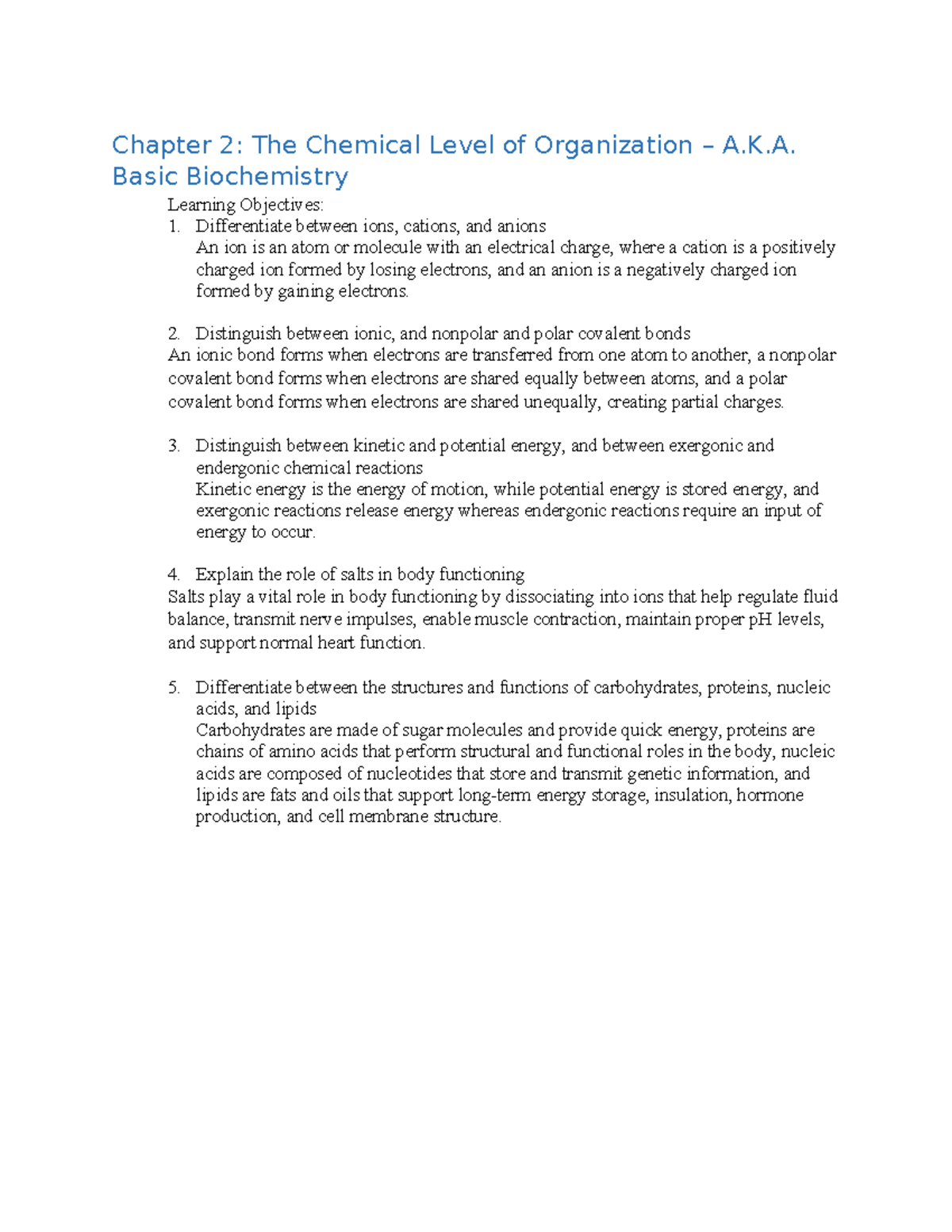Chapter 2 Study Guide: Basic Biochemistry Concepts - Studocu