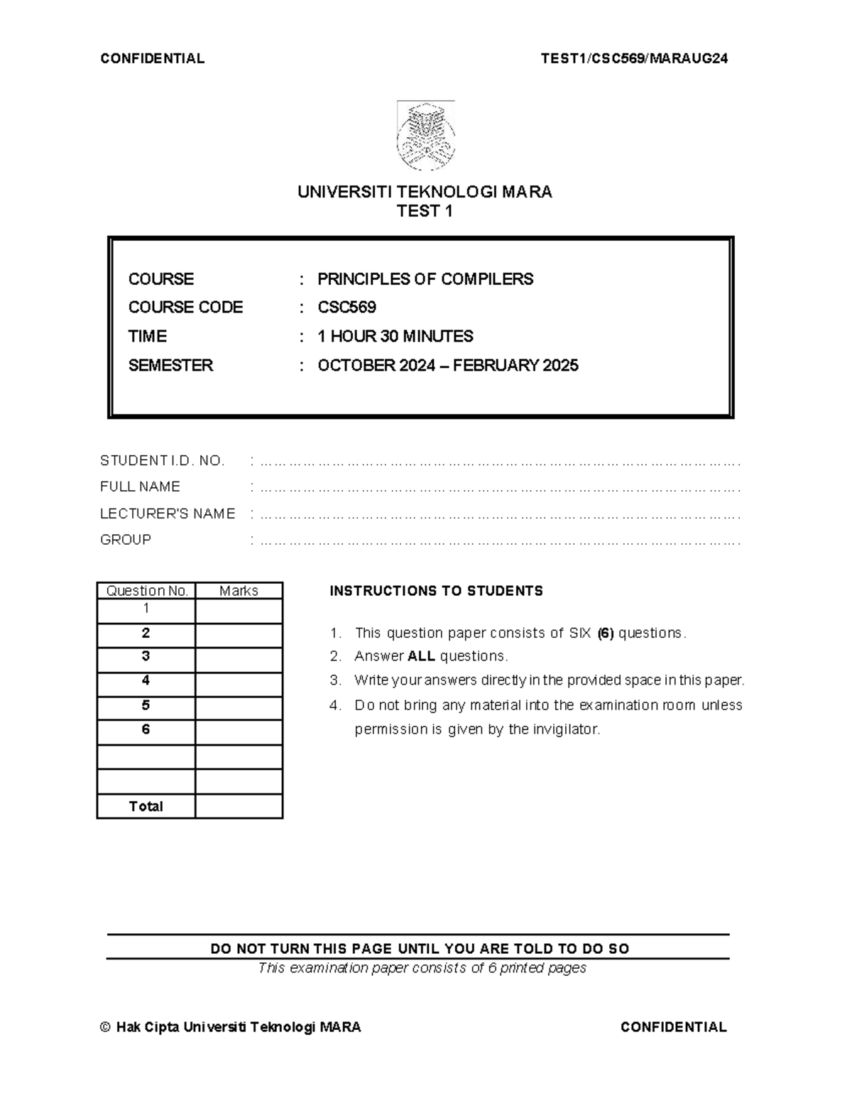 Test 1 (CSC569) - Principles of Compilers Exam Questions and ...