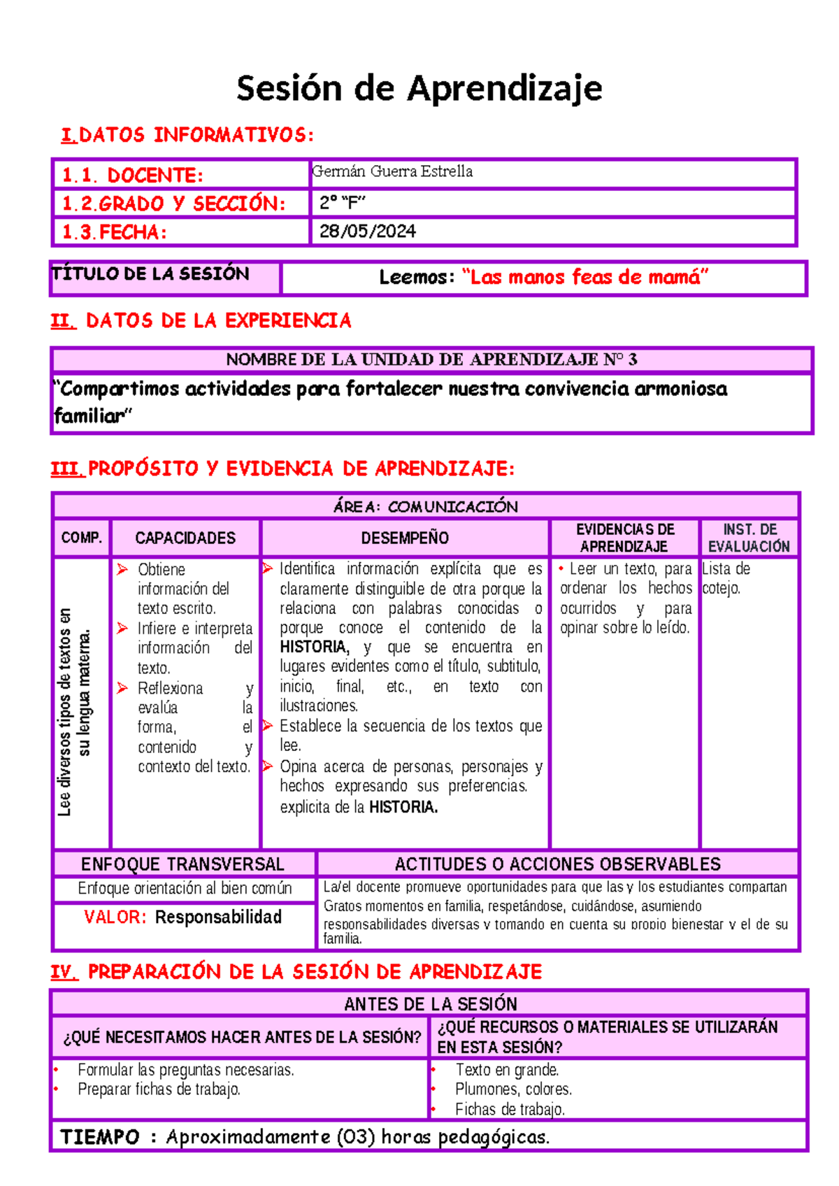 Sesión de Aprendizaje: Comunicación sobre "Las manos feas de mamá ...