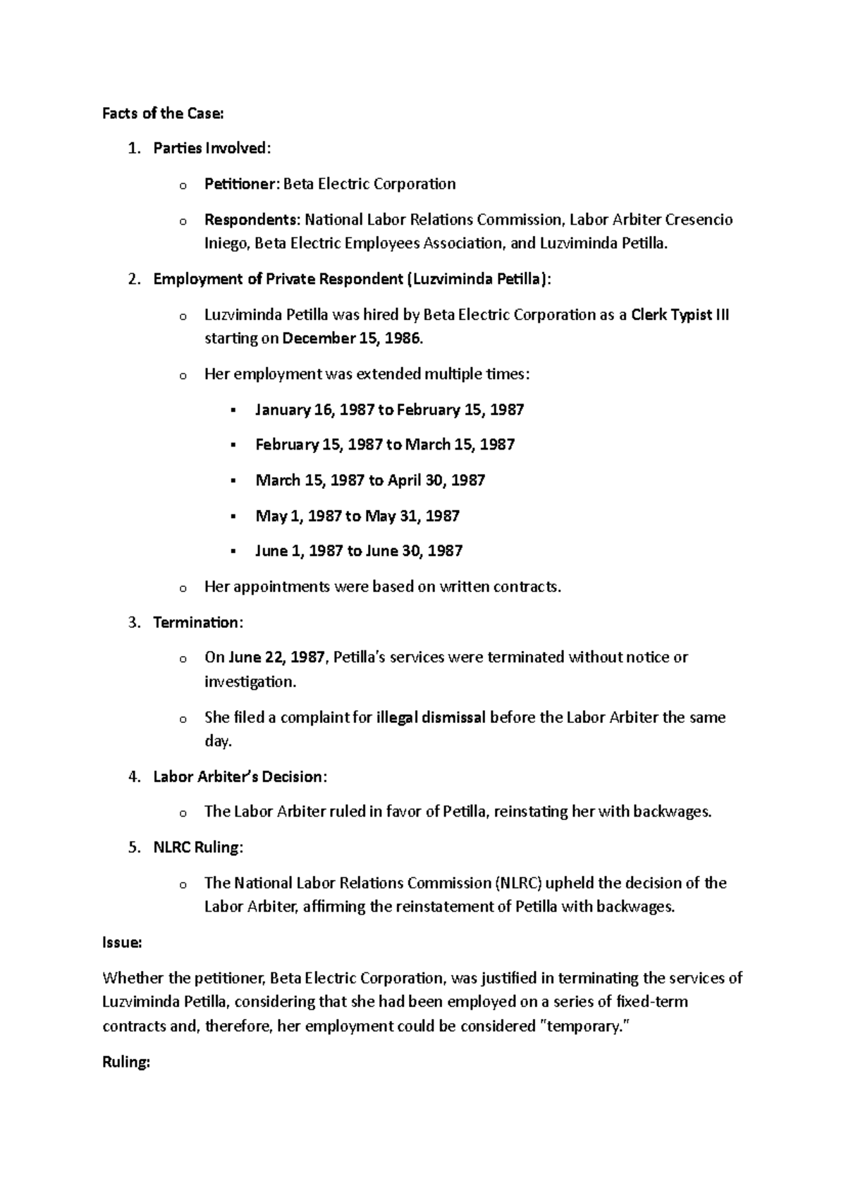 BETA Electrix CORP v. NLRC: Case Study on Employment Termination - Studocu