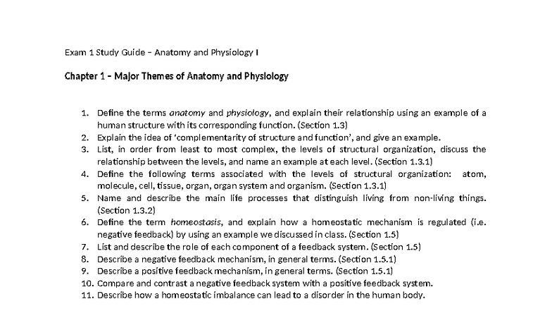 Anatomy and Physiology I Exam 1 Study Guide: Major Themes & Concepts ...