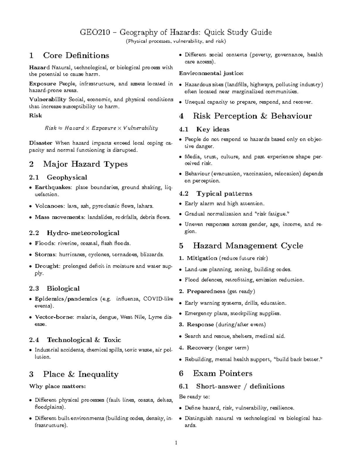 GEO210 Geography of Hazards: Quick Study Guide on Risk and ...