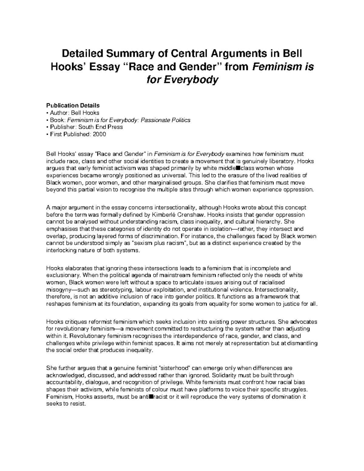 Bell Hooks: Intersectionality in Feminism - Summary of Key Arguments ...
