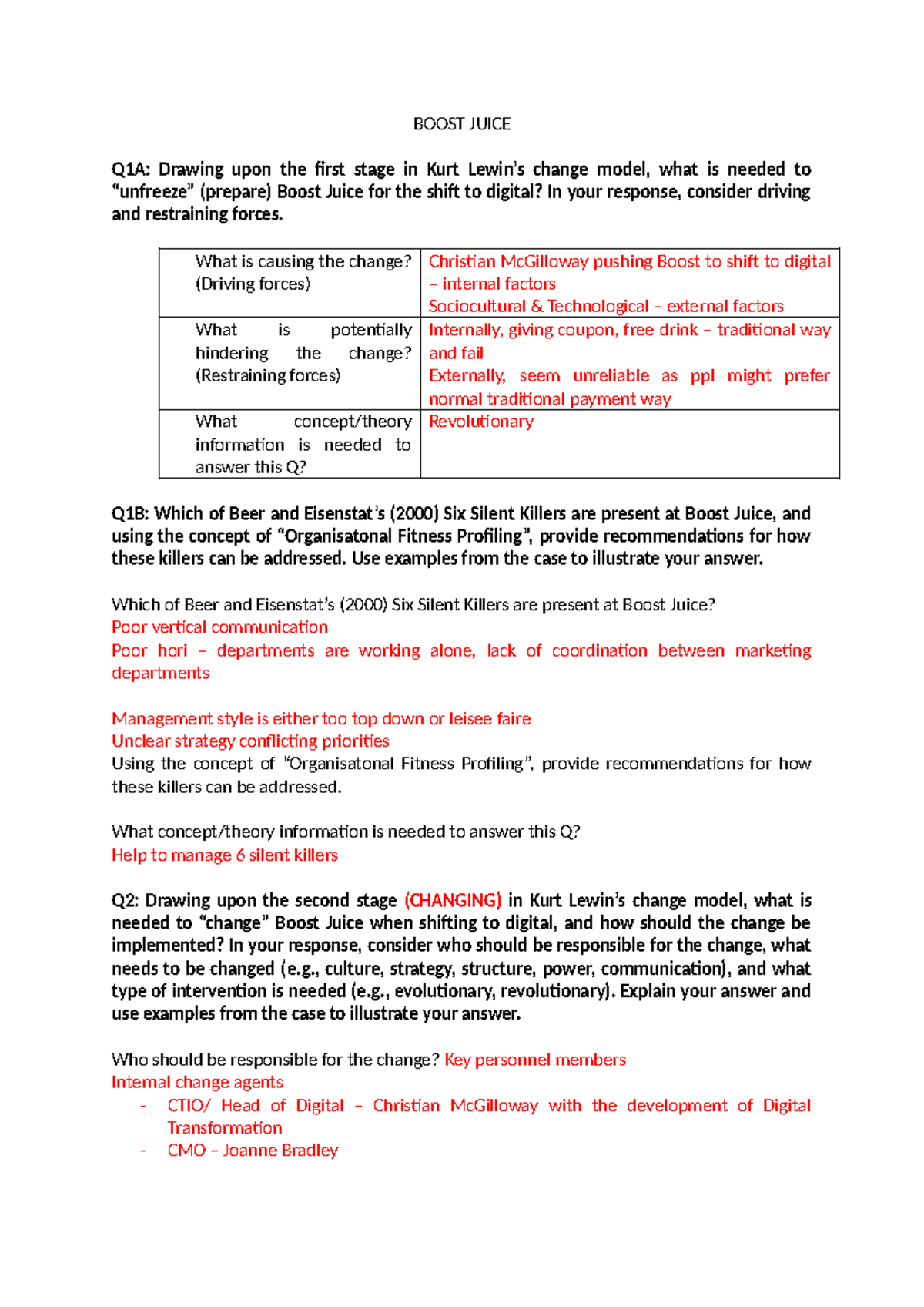 OB Boost Case Study W9: Kurt Lewin's Change Model Analysis for Digital Shift - Studocu