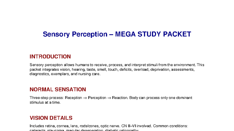 Sensory Perception MEGA Study Packet: Comprehensive Overview - Studocu