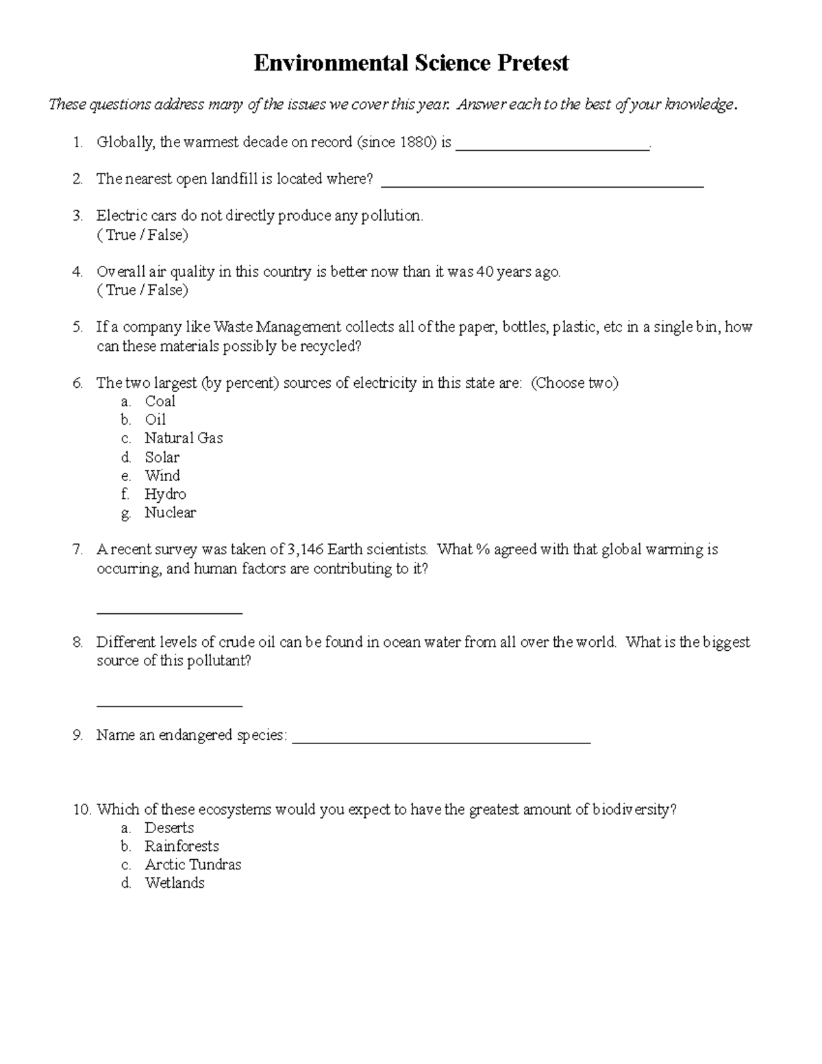 Environmental Science Pretest Questions and Answers Guidance - Studocu