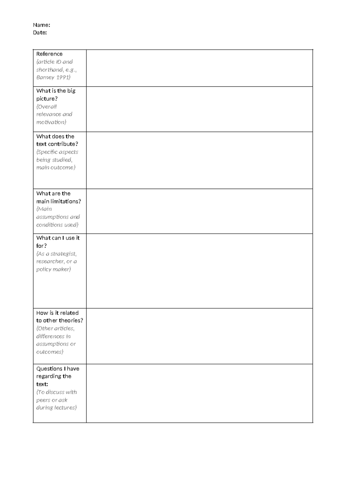 Reading Notes Template - Name: Date: Reference (article ID and ...