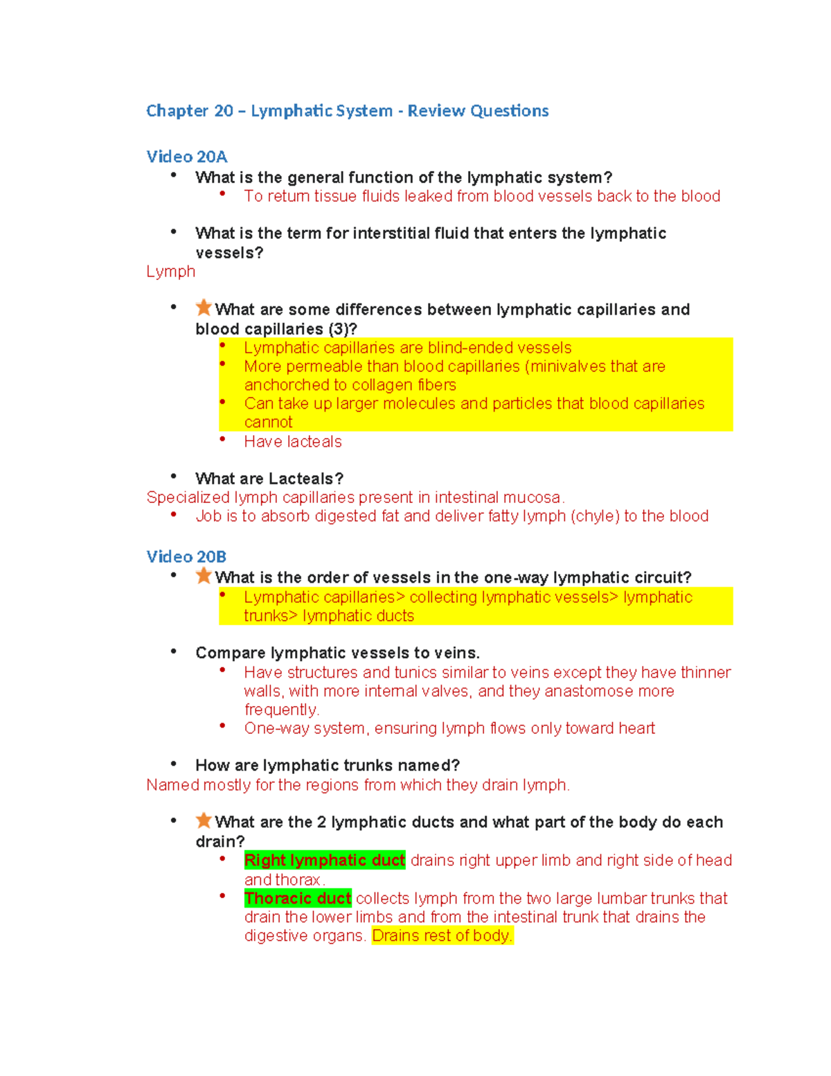 A&P Chapter 20 - Lymphatic System Review Questions and Key Concepts ...