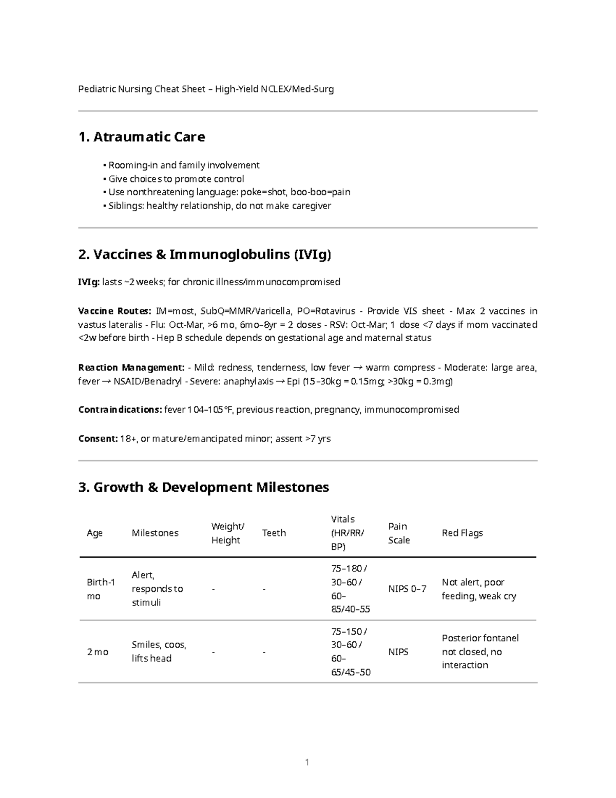 Pediatric Nursing Cheat Sheet: Atraumatic Care & Growth Milestones ...