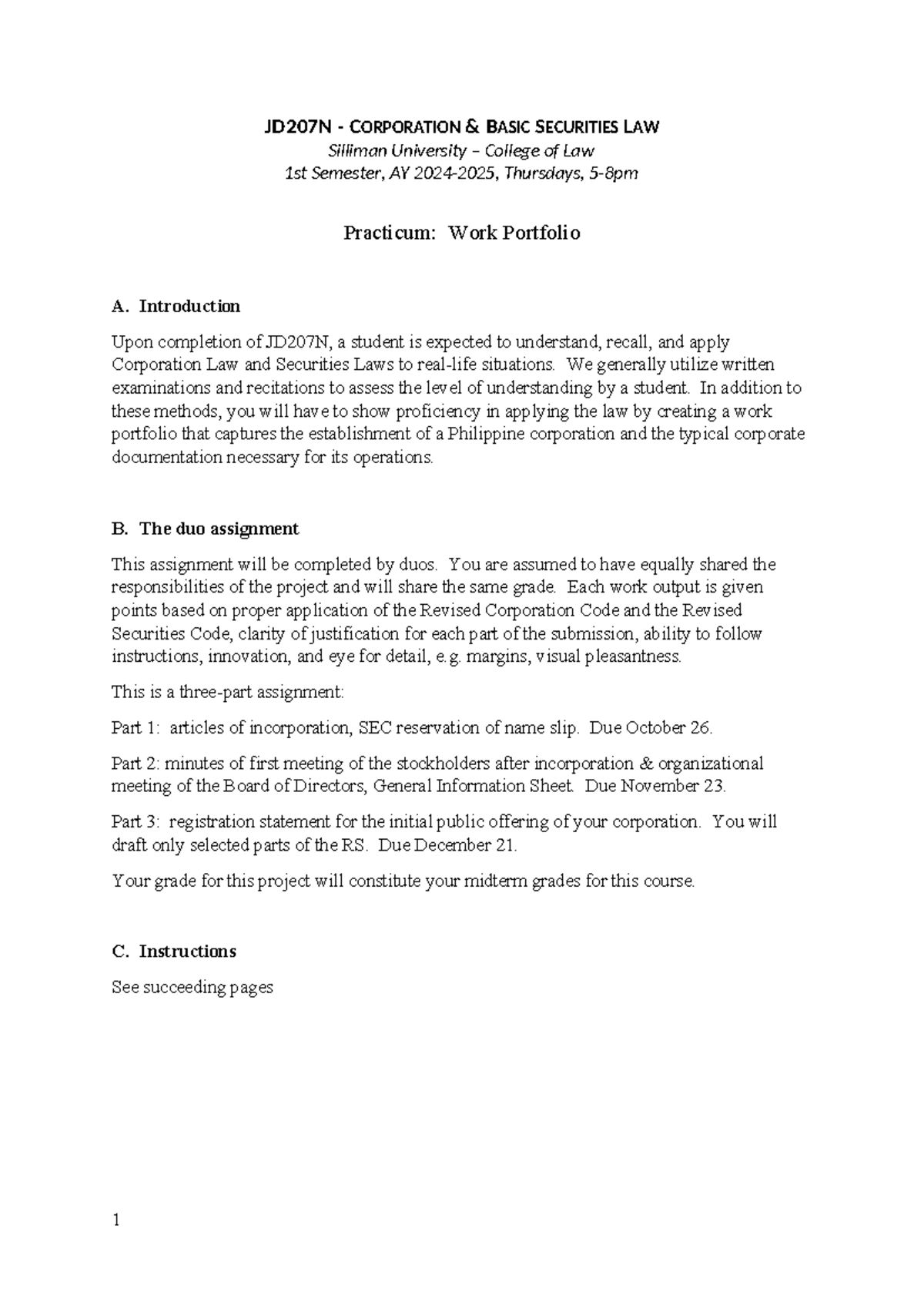 JD207N CORPORATION BASIC SECURITIES LAW Duo Work Portfolio Instructions ...