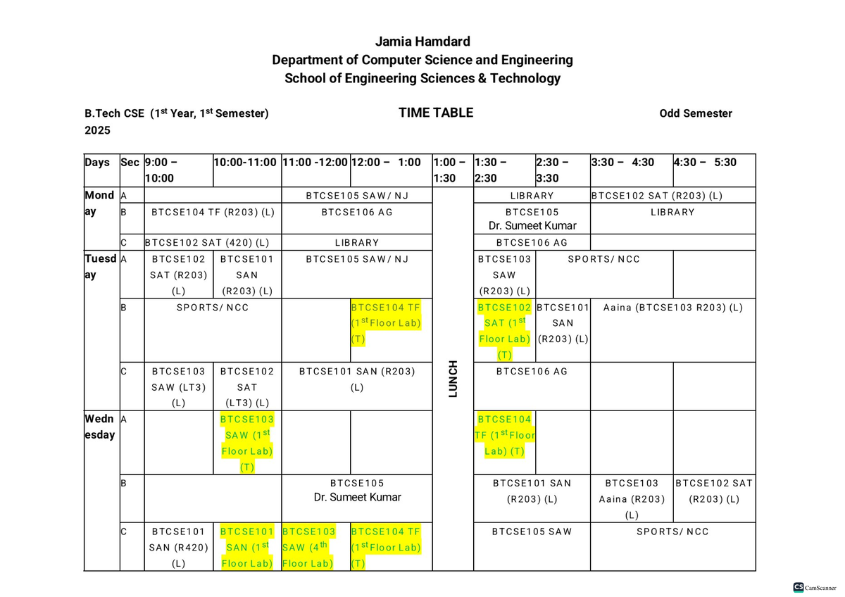 BTech CSE 1st Year 1st Sem Odd Semester 2025 Time Table - Studocu
