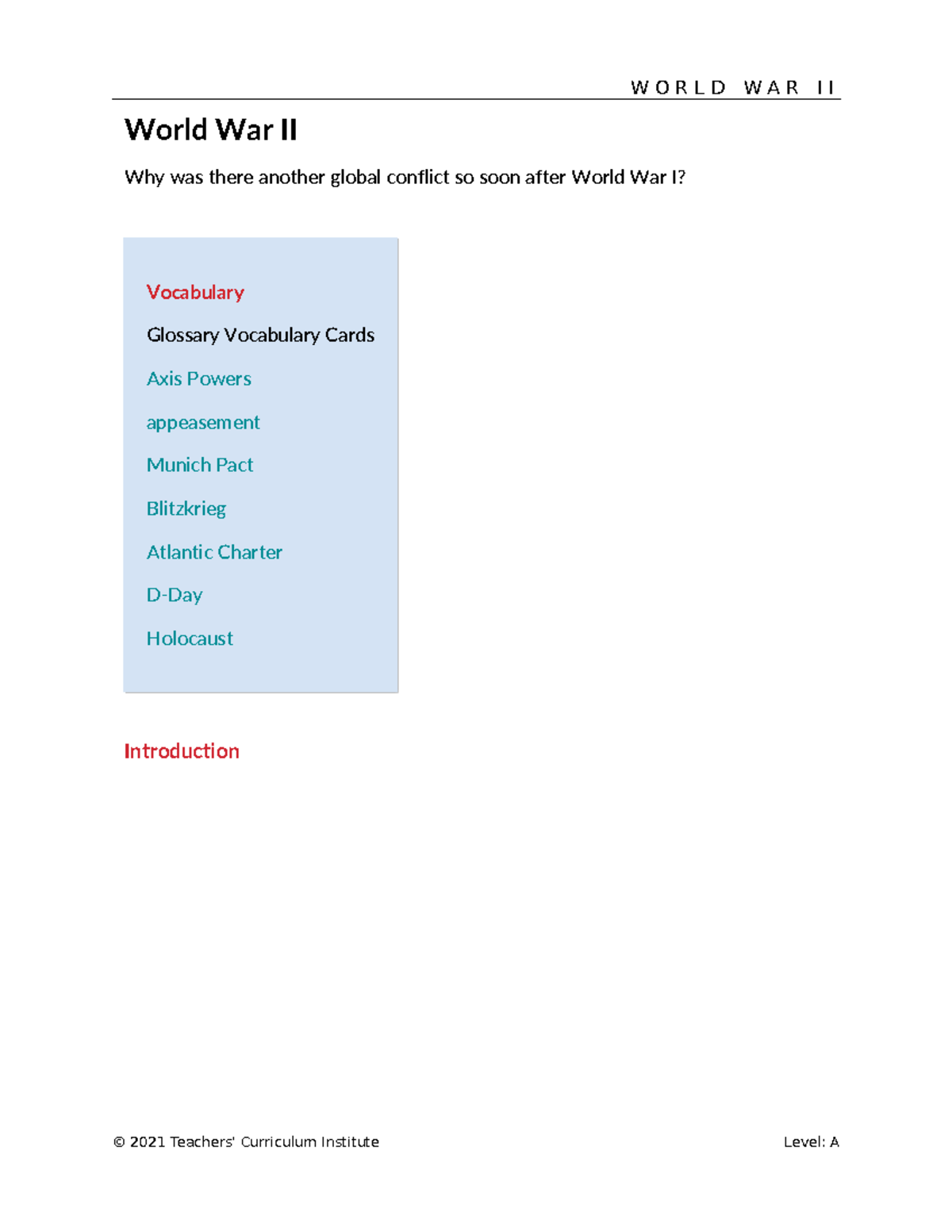 WORLD WAR II: Causes, Key Events, and Impact - Level A 2021 Curriculum ...