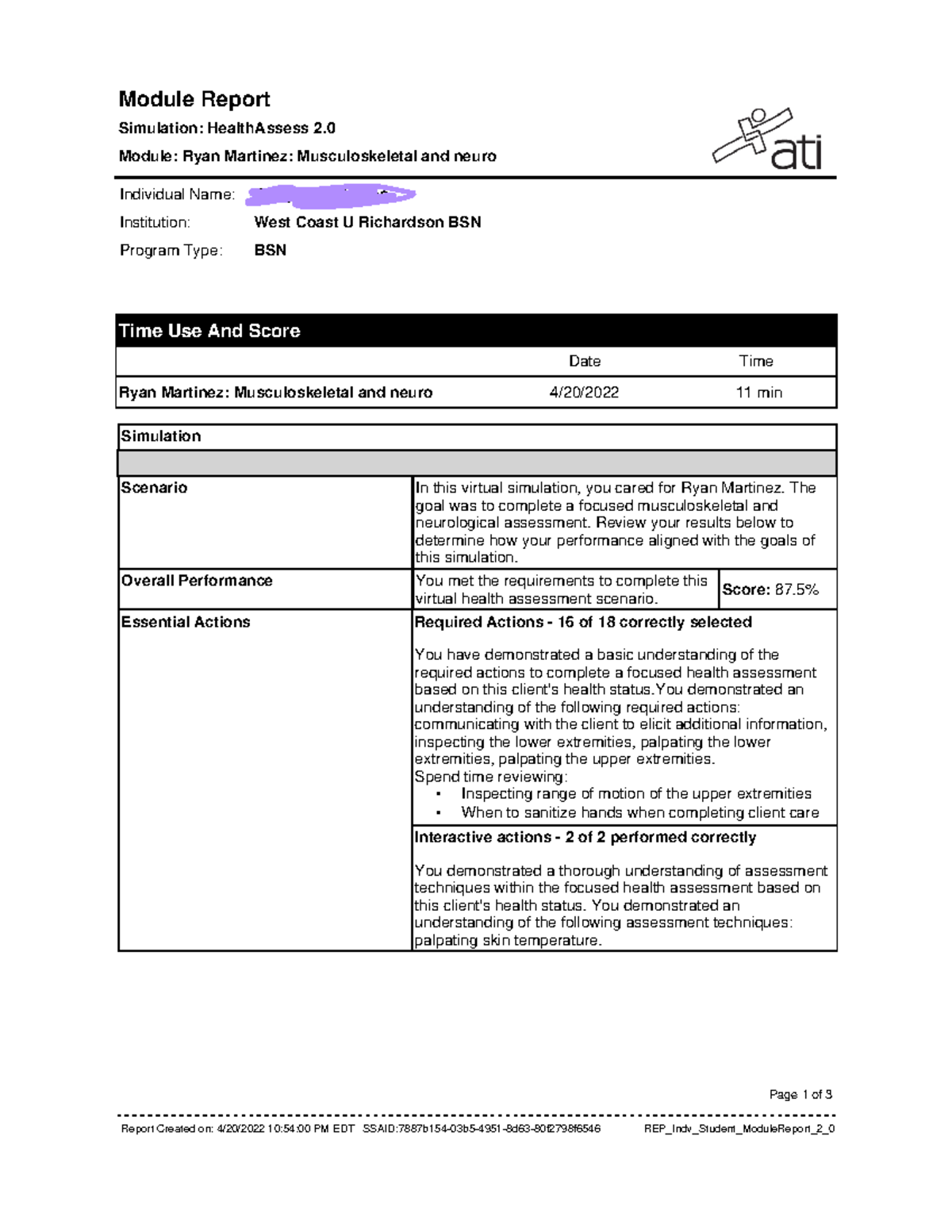 Ryan Martinez - Nurs 190 HealthAssess 2.0 - Module Report Simulation ...