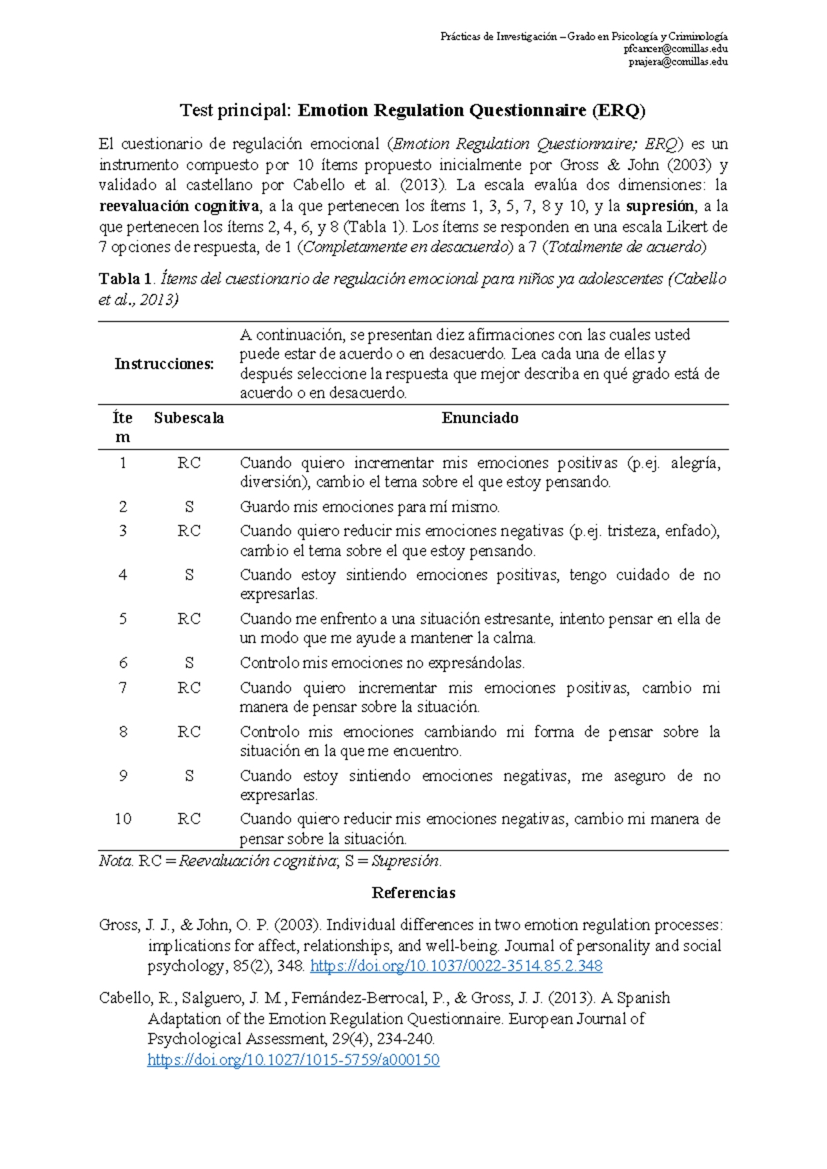 Prácticas de Investigación: Cuestionario de Regulación Emocional ERQ ...