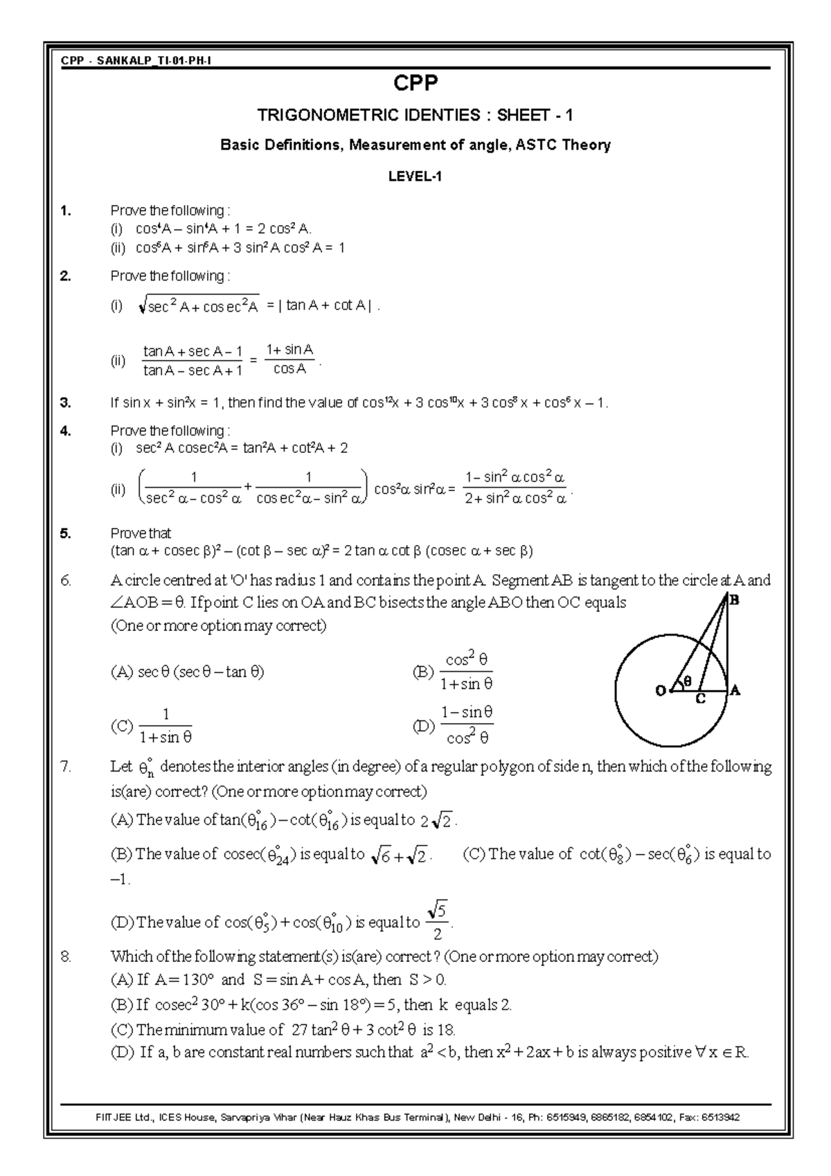 TRI-5-1 - Trigonometry - ####### CPP - SANKALP_TI-01-PH-I FIITJEE Ltd., ICES House, Sarvapriya ...