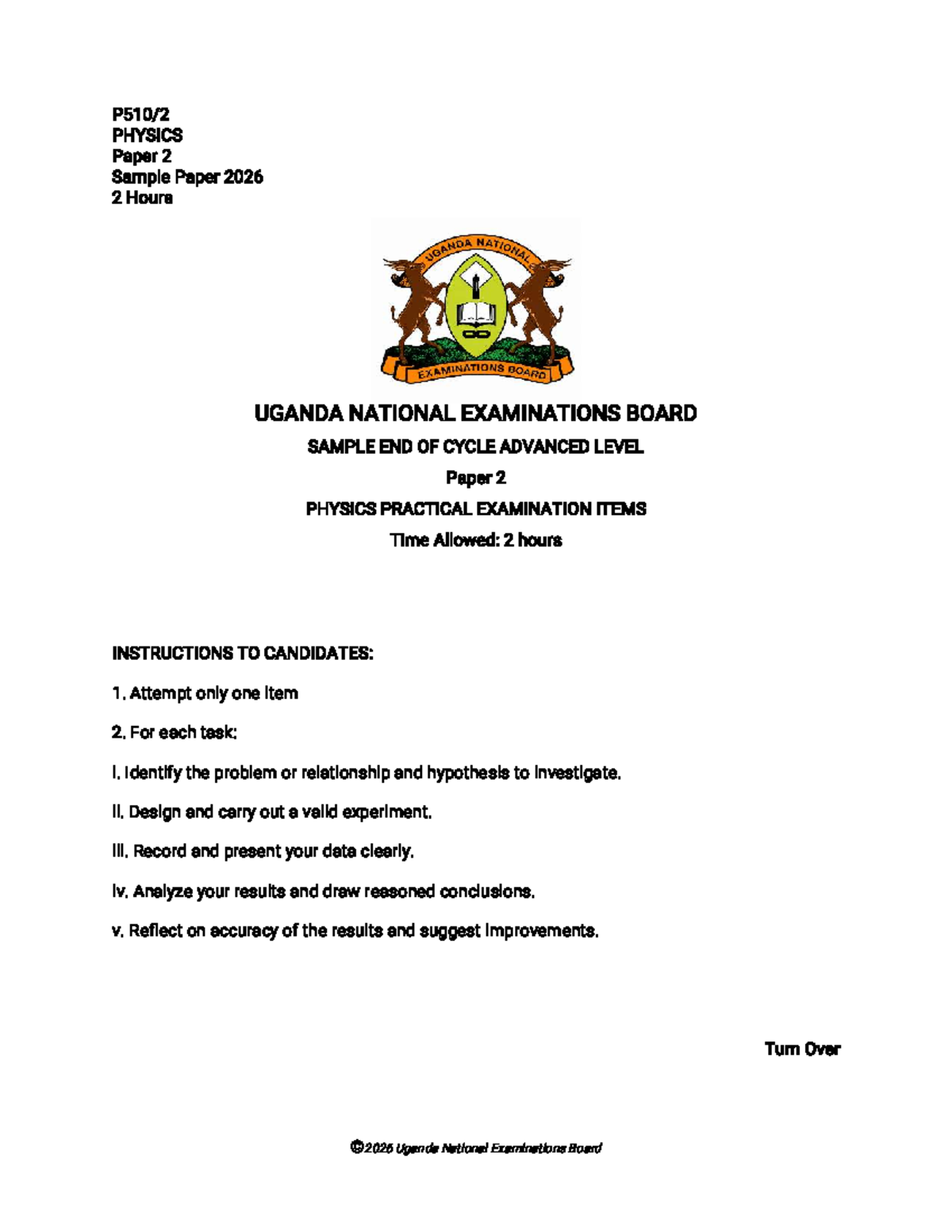 UACE PHYSICS Paper 2 Sample Practical Exam 2026 - Studocu