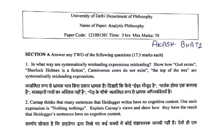 Analytic Philosophy Exam Notes - Paper Code: 121001301 - Studocu