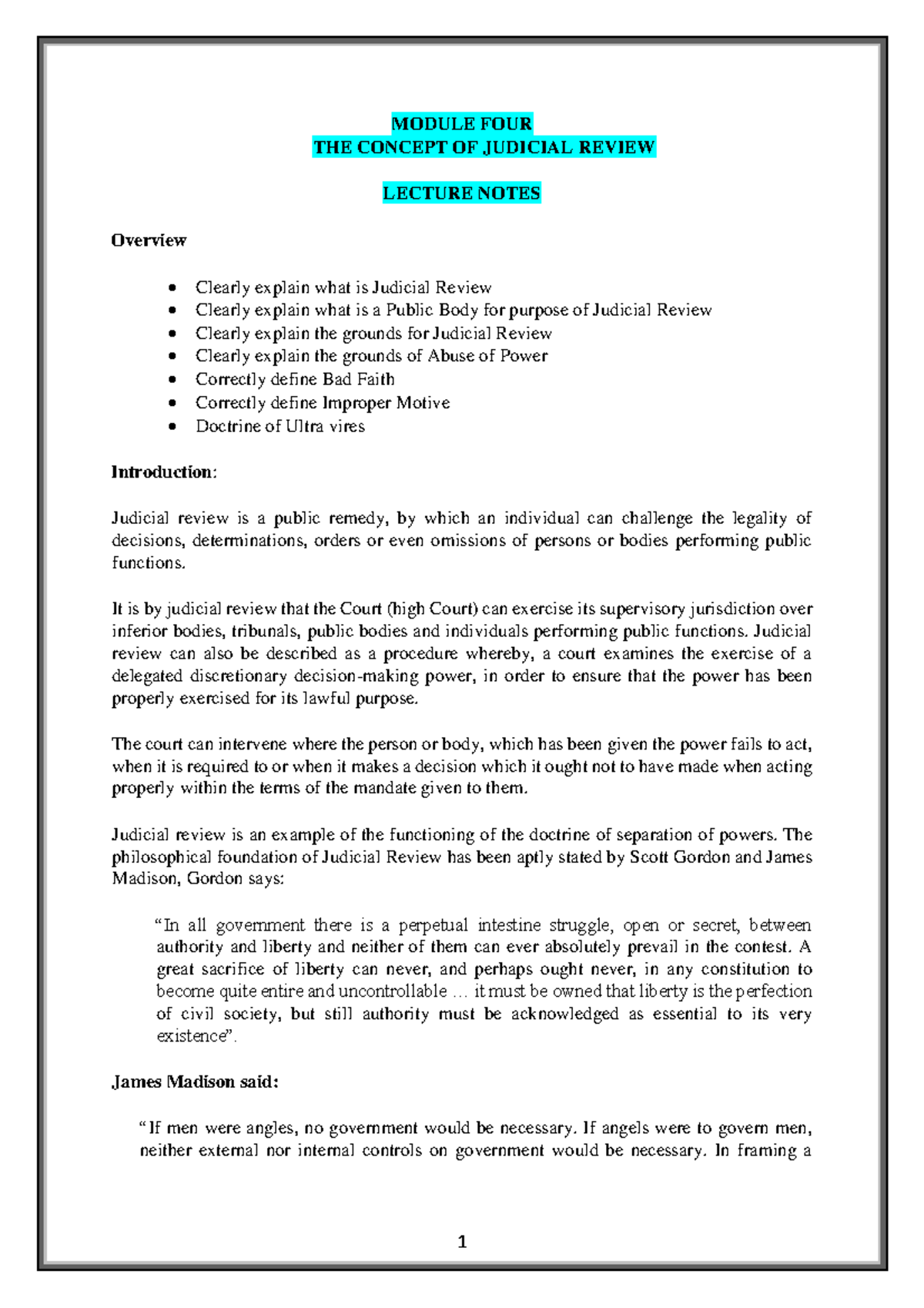 MODULE 4: JUDICIAL REVIEW LECTURE NOTES - CONCEPTS & GROUNDS - Studocu