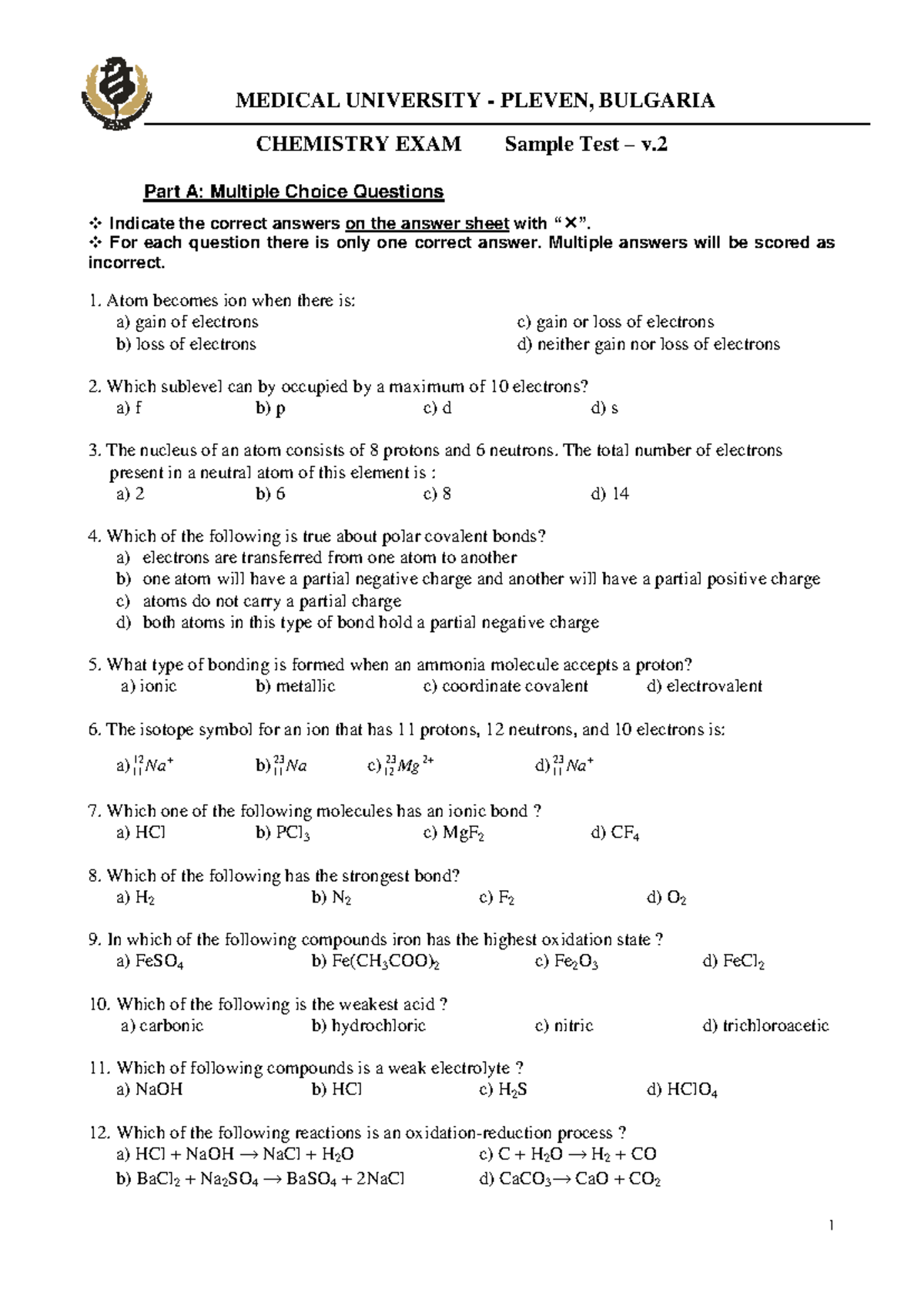 CHEMISTRY 101: MEDICAL UNIVERSITY PLEVEN EXAM Sample Test v.2 - Studocu