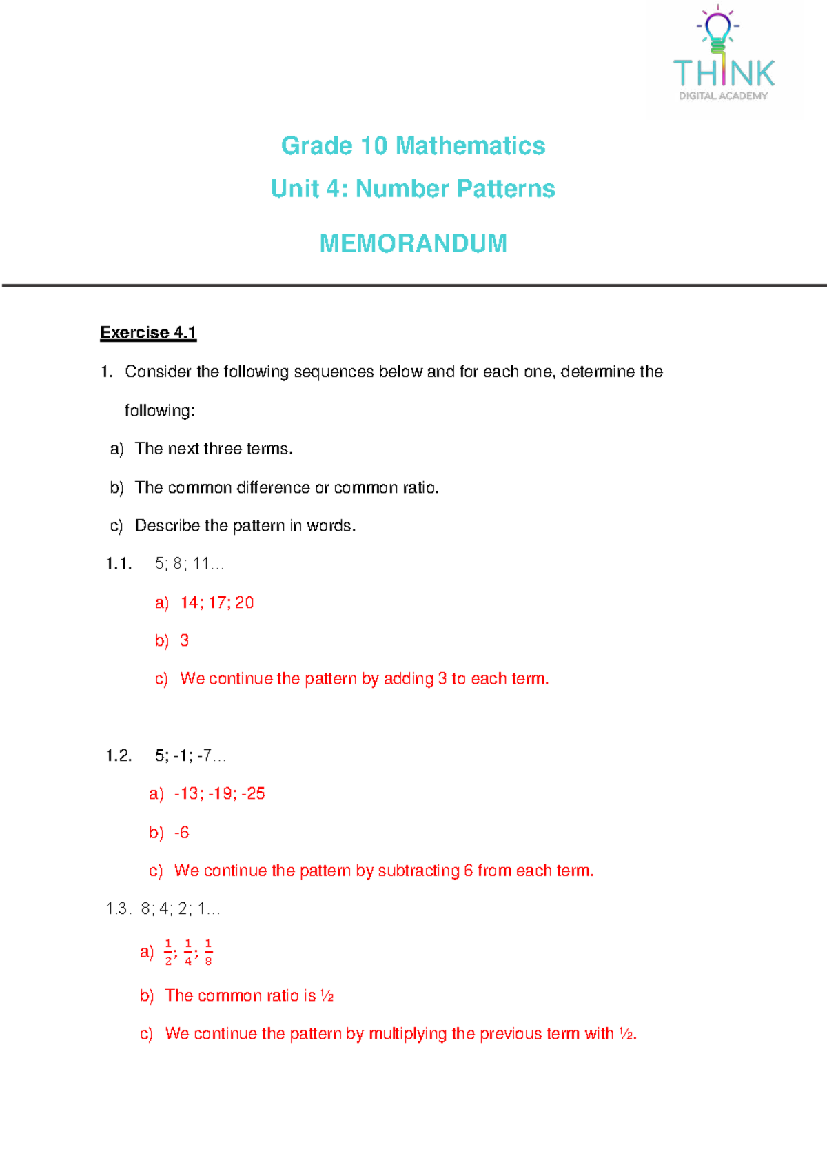 Grade 10 Math Unit 4: Number Patterns Memo - Studocu