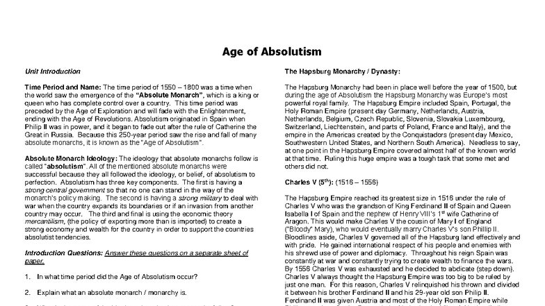 Age of Absolutism: The Hapsburg Monarchy and Key Monarchs - Studocu