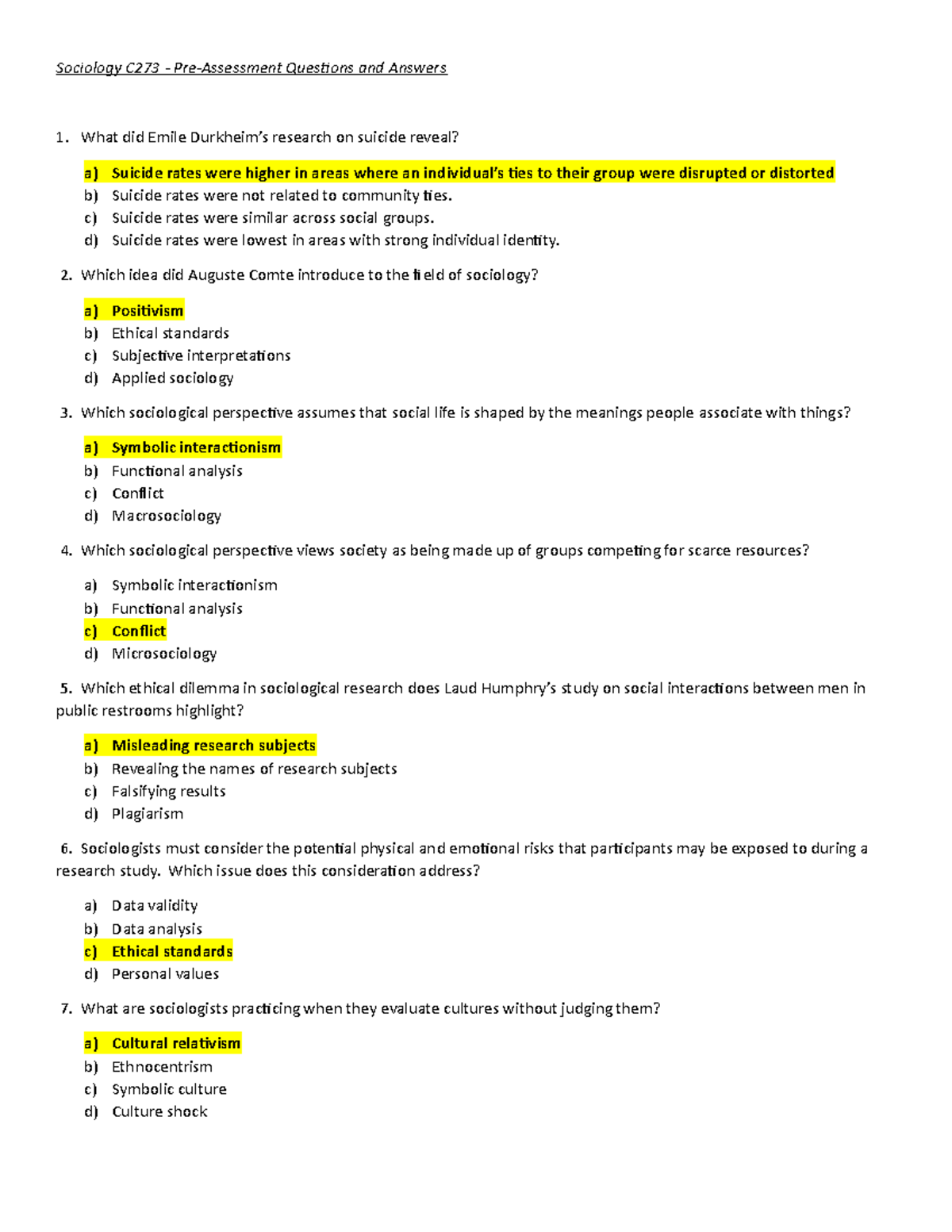 C273-Sociology Pre-Assessment Quiz: Questions & Answers - Studocu