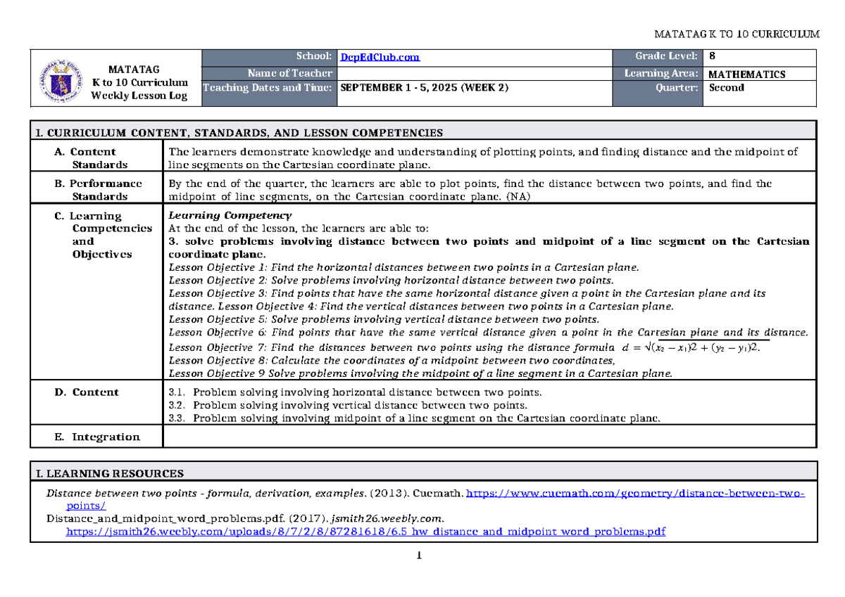 DLL Matatag Mathematics 8 Q2 W2: Cartesian Plane Concepts and ...