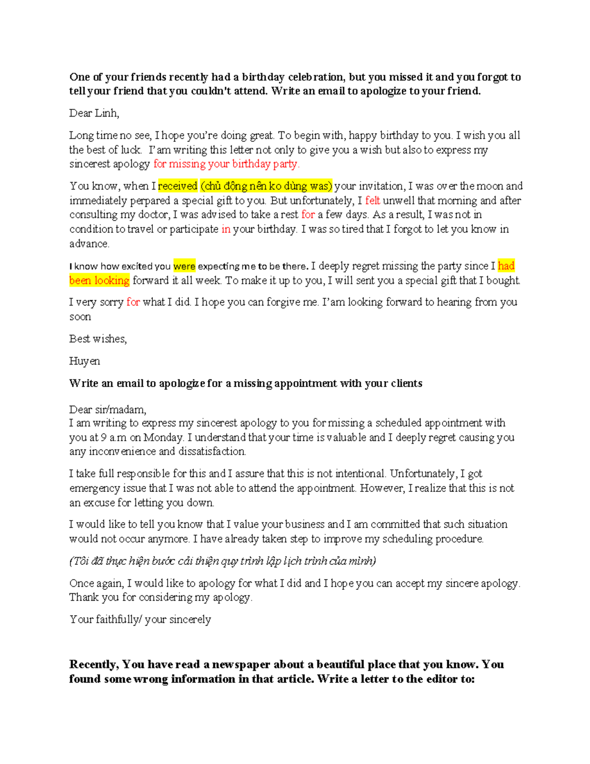 Writing 1 - Apology Emails and Letters for Various Situations - Studocu