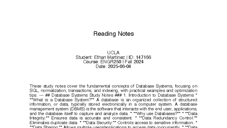 ENGR250 Fall 2024: Database Systems Study Notes and SQL Concepts - Studocu