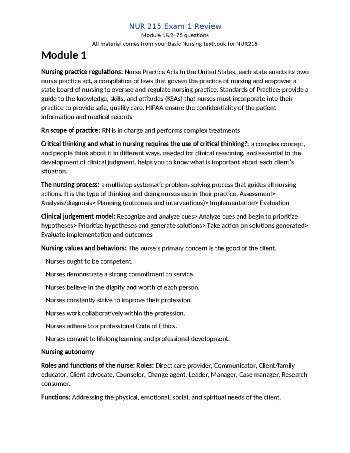NUR 215 Exam 1 Comprehensive Review: Modules 1 & 2 Insights - Studocu