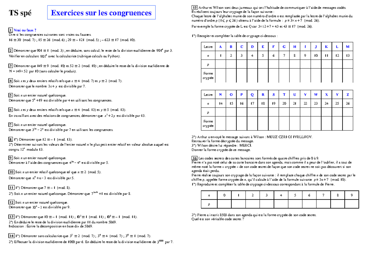 TS spé Exercices et Corrigés sur les Congruences - Studocu