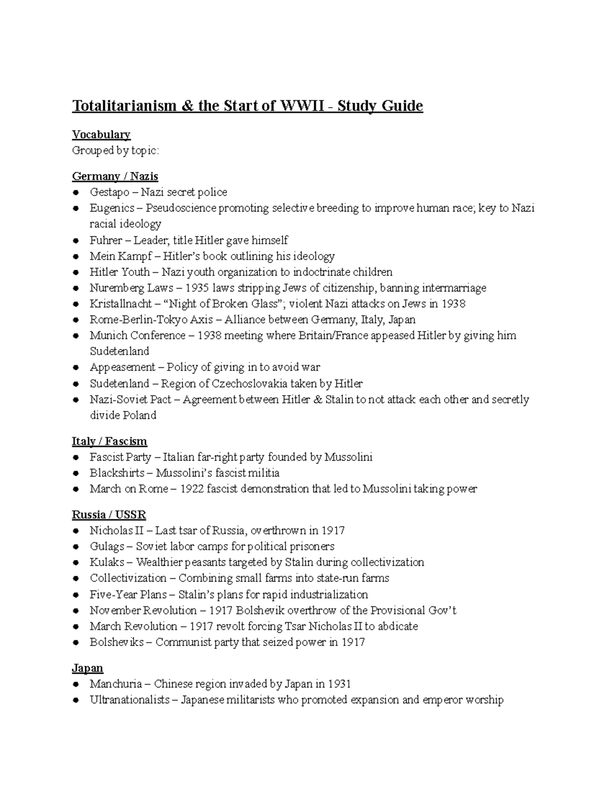 Totalitarianism & WWII: Key Concepts & Vocabulary Study Guide - Studocu