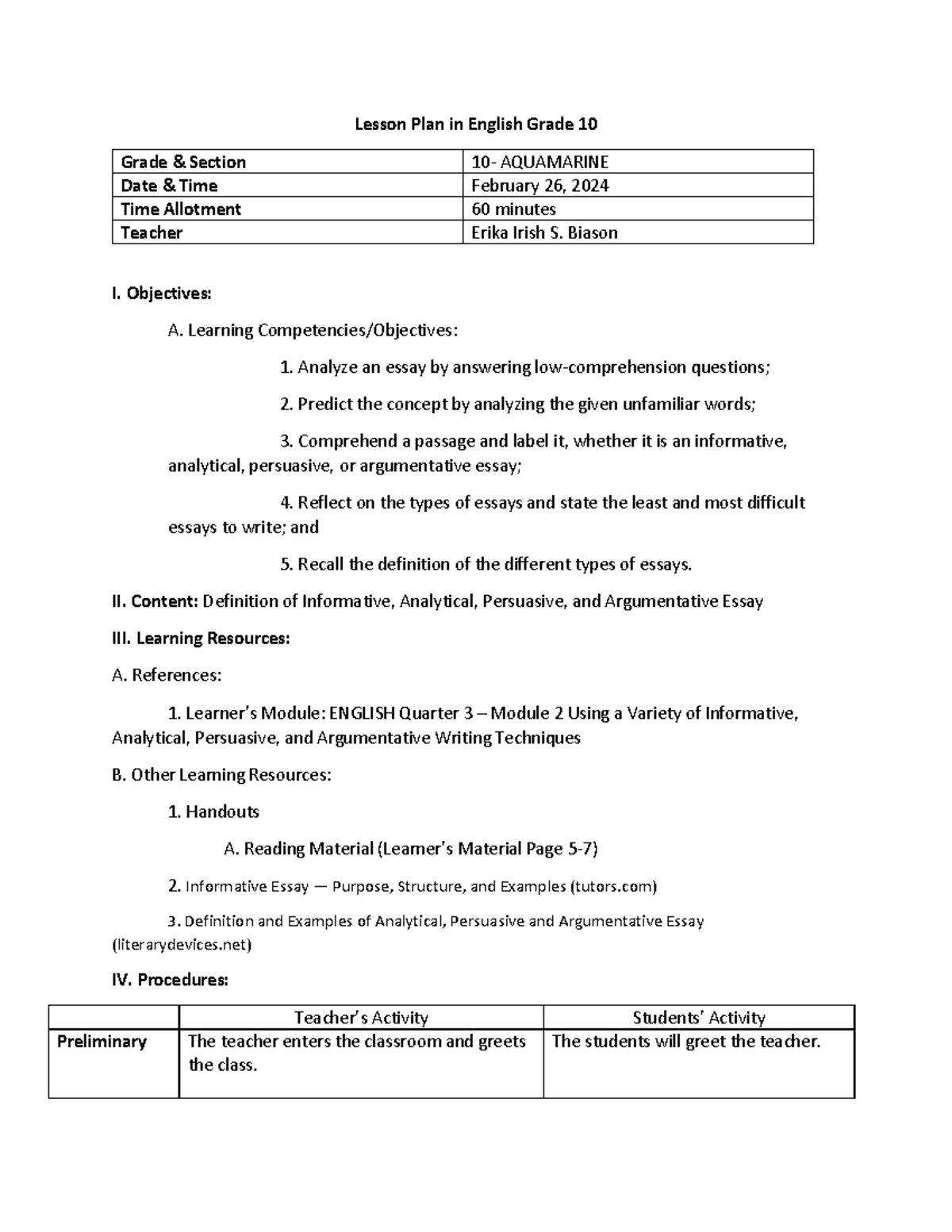 Grade 10 English Lesson Plan: Four Essay Types Overview - Studocu