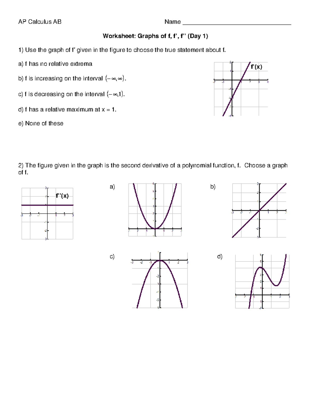 AP Calculus AB: Graphs of f, f', and f'' Practice Worksheet - Studocu
