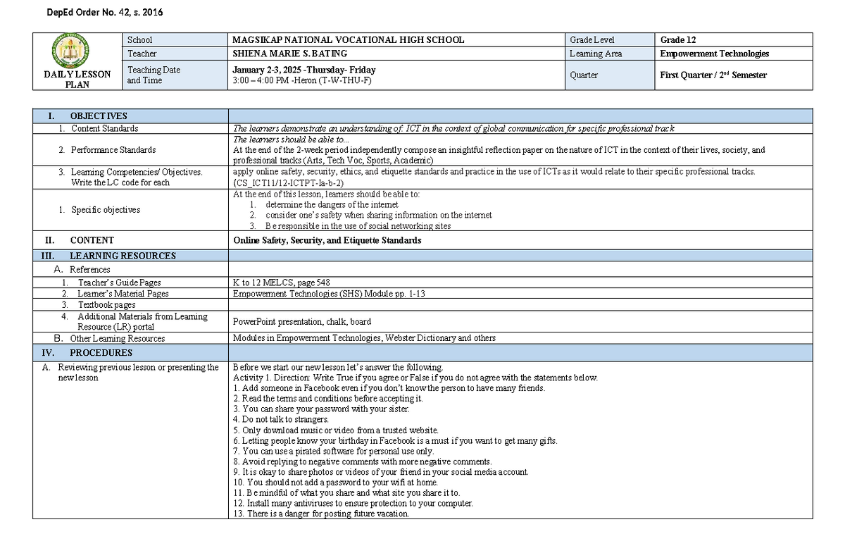 Lesson PLAN - Etech - w2 - DAILY LESSON PLAN School MAGSIKAP NATIONAL ...