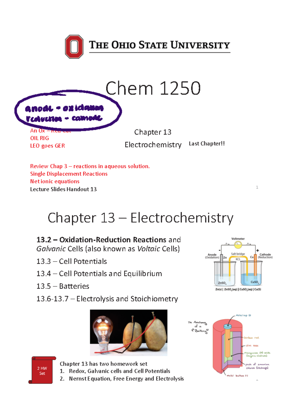 Chapter 13 Electrochemistry - Chem 1250 Chapter 13 Electrochemistry ...