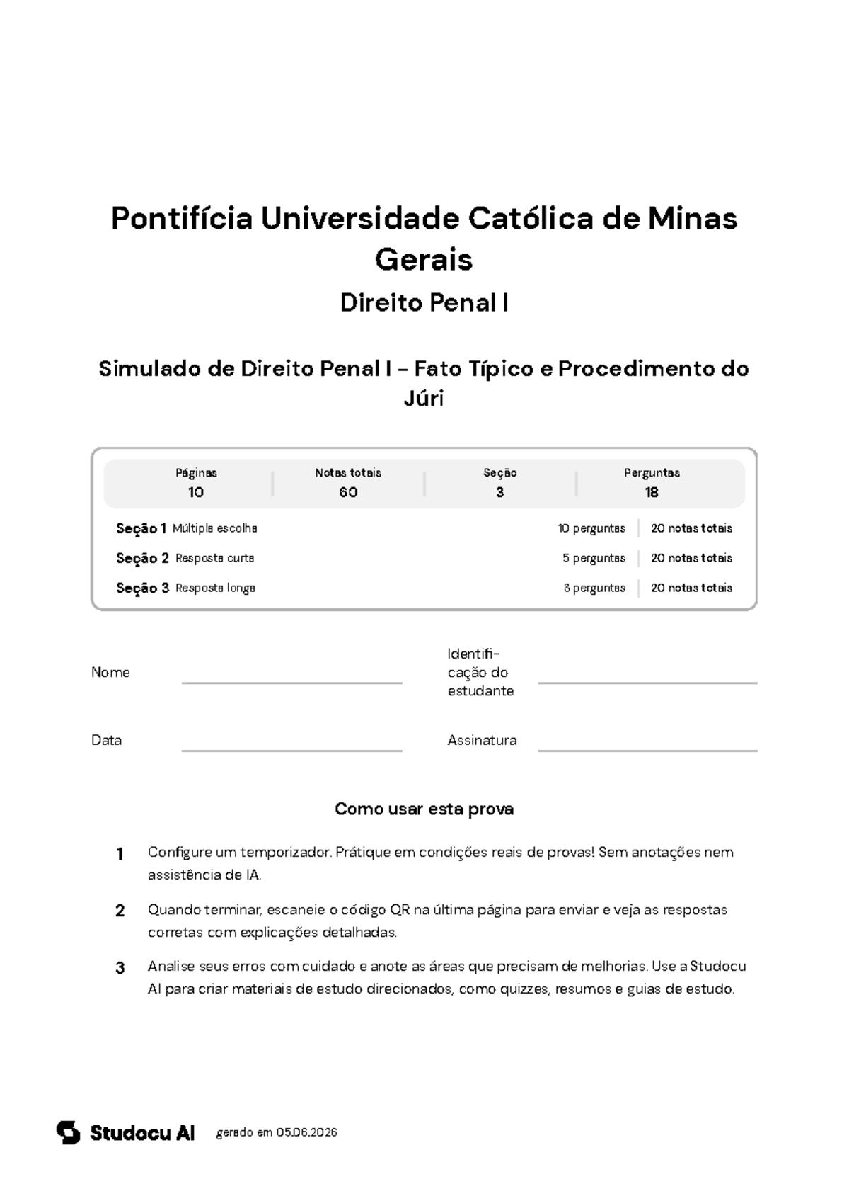 Simulado de Direito Penal I - Fato Típico e Procedimento do Júri - Studocu