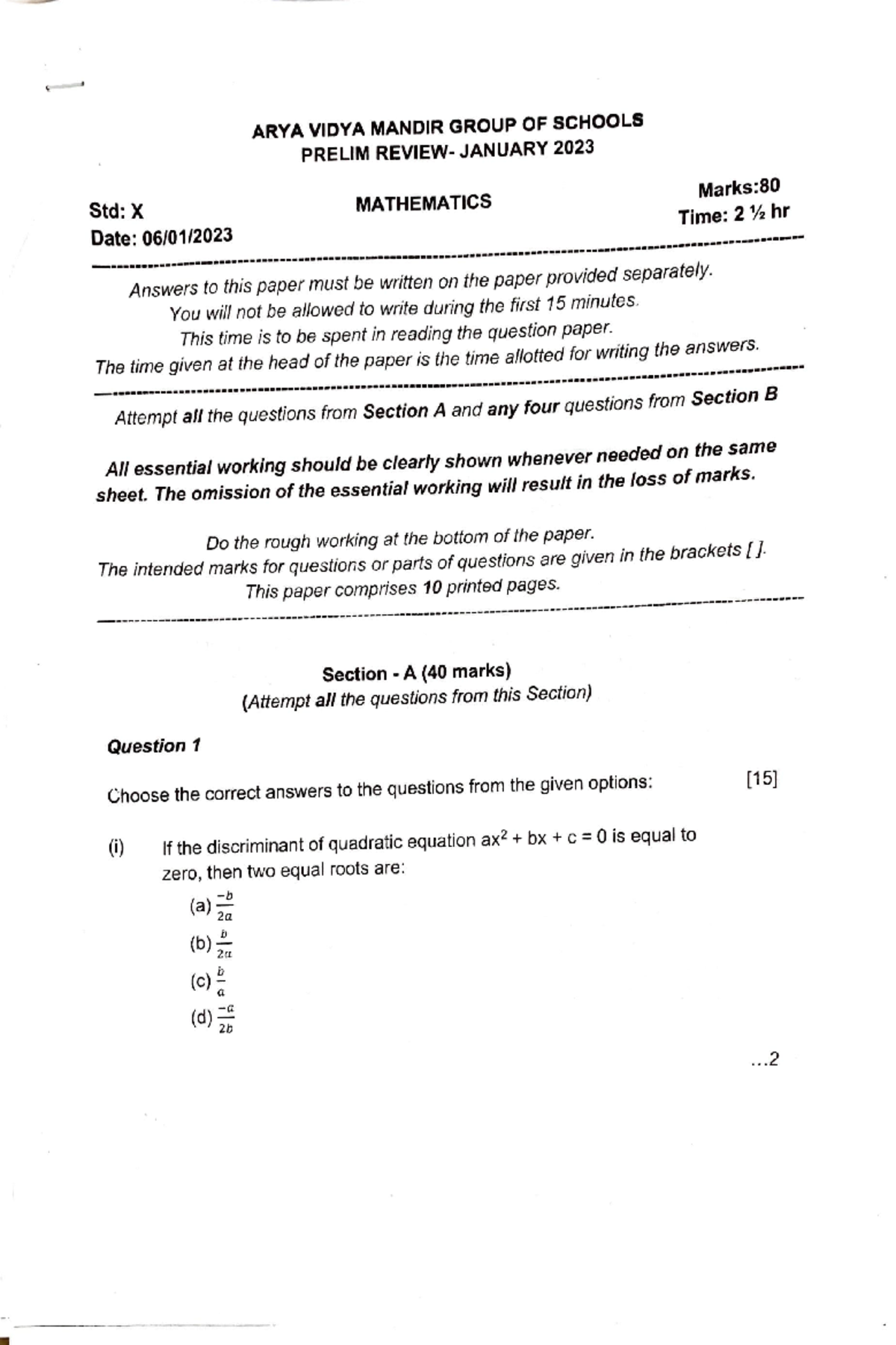 AVM Math Std X Prelim Review - January 2023 - Studocu