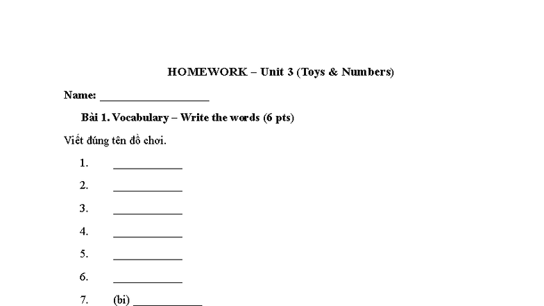 HOMEWORK Unit 3: Toys and Numbers Activities - Studocu