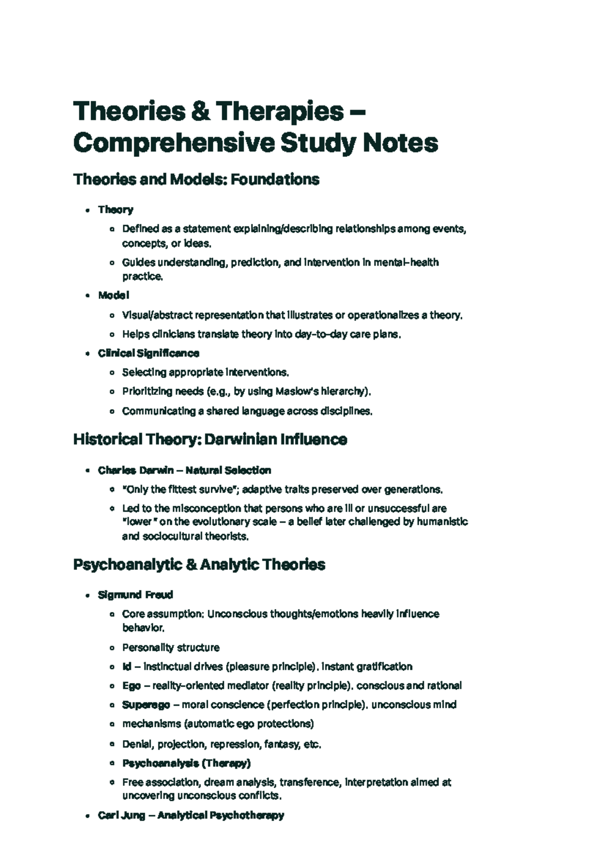 Theories and Therapies: Comprehensive Study Notes for Nursing (NUR 101 ...